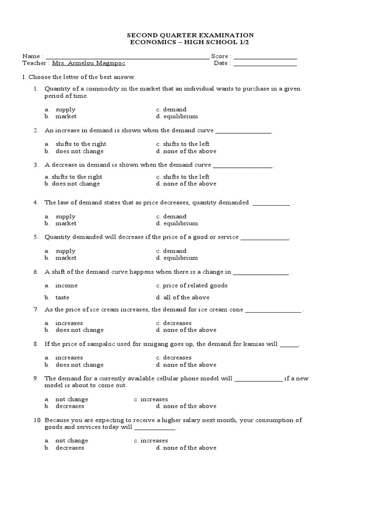Summative Test - Economics - 2ND QTR | PDF | Supply And Demand ...