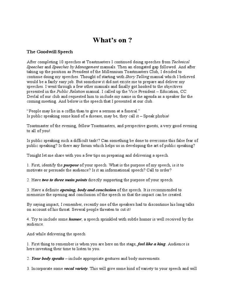 What's On ?: The Goodwill Speech | PDF | Public Speaking | Speech