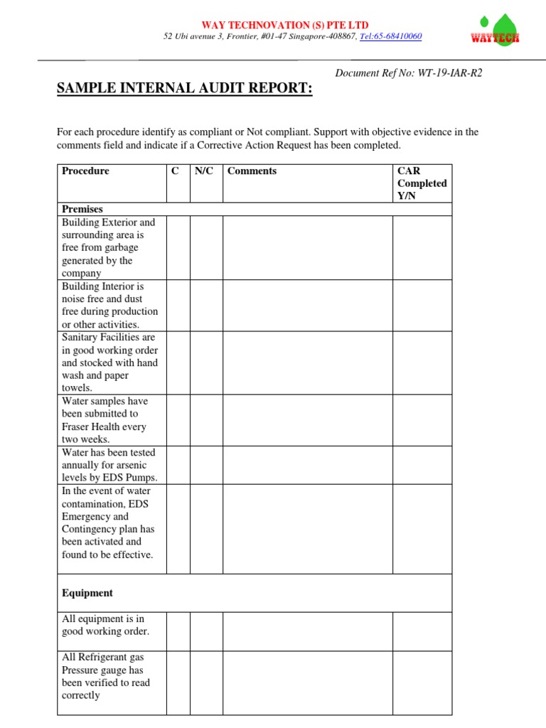 Sample Internal Audit Report:: Procedure C N/C Comments CAR Completed Y ...