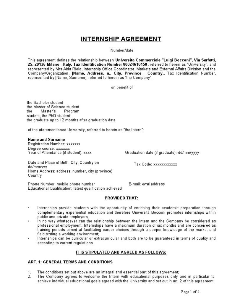 Draft Internship Agreement | PDF | Supervisor | Insurance