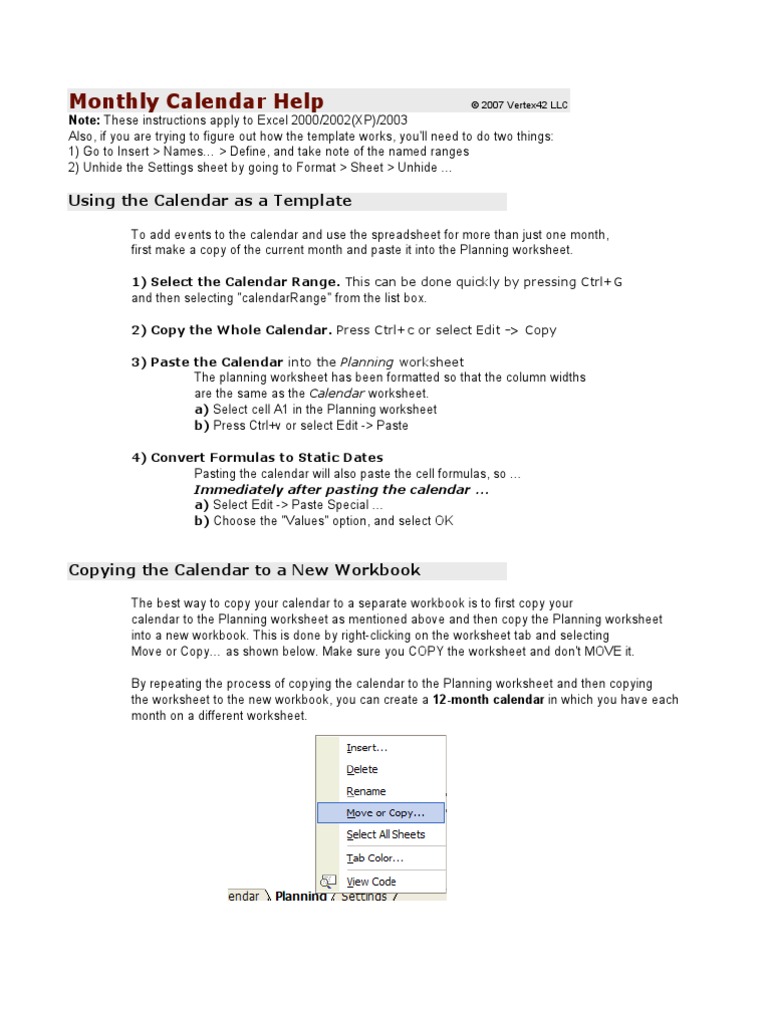 Monthly Calendar Help: Using The Calendar As A Template | PDF ...