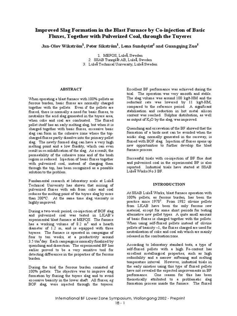 2002 Improved Slag Formation in The BF | PDF | Blast Furnace | Coke (Fuel)