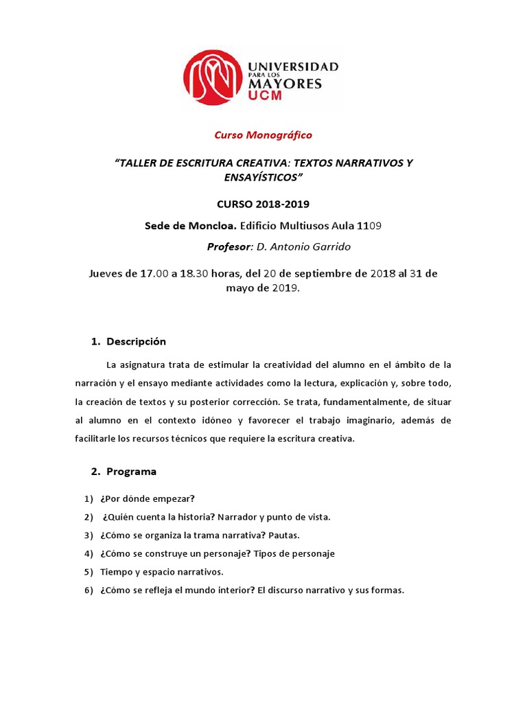 Taller de Escritura Creativa 2018-2019 | PDF | Barcelona | Narrativa