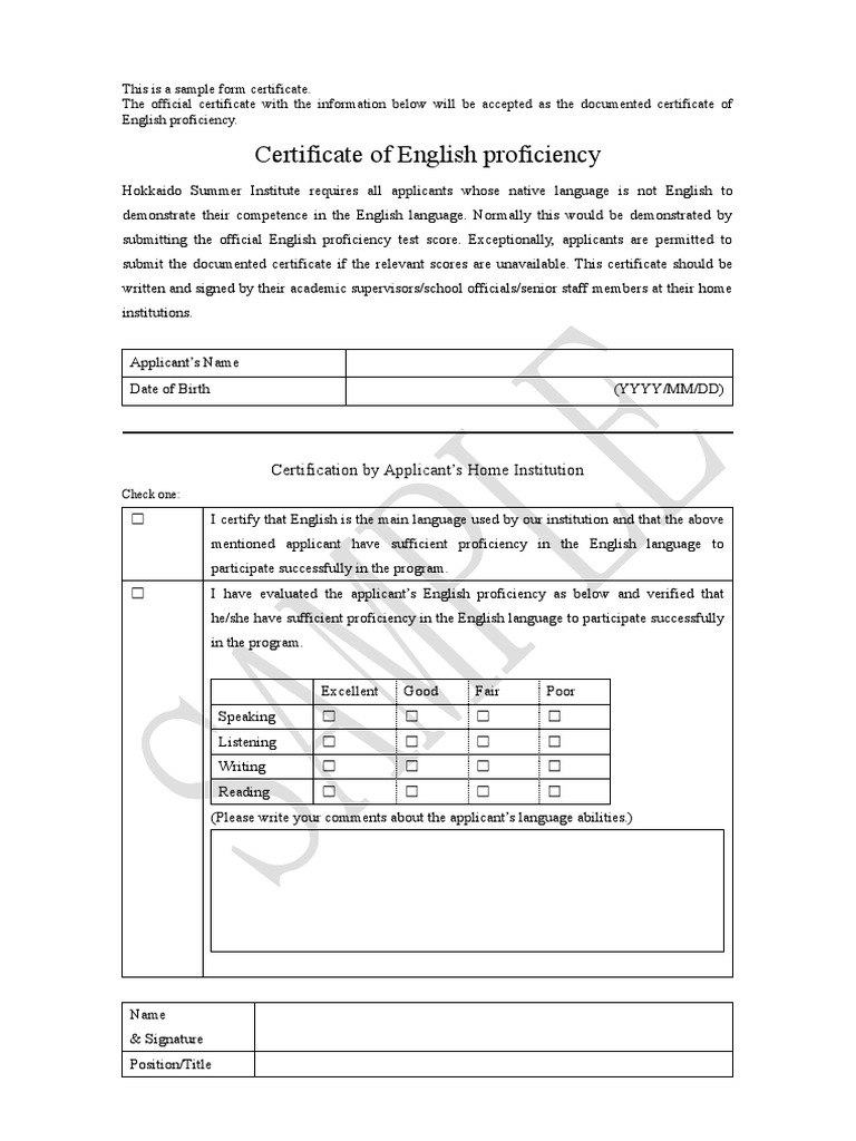 Certificate of English Proficiency: Certification by Applicant's Home ...