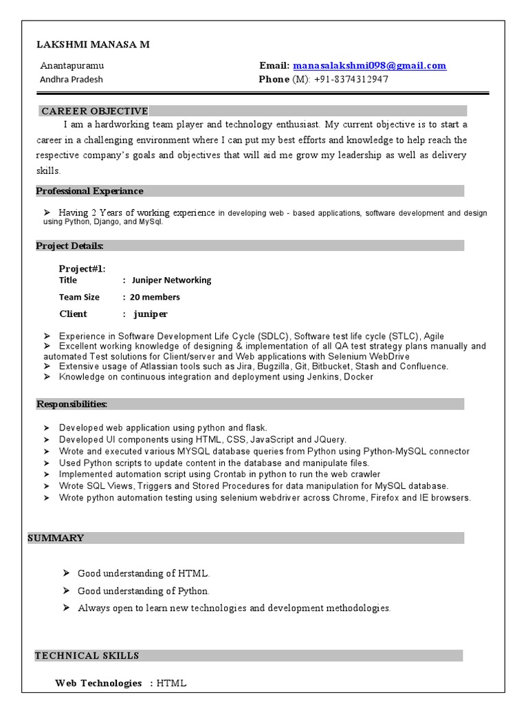 Manasa Python Resume | PDF | Selenium (Software) | World Wide Web