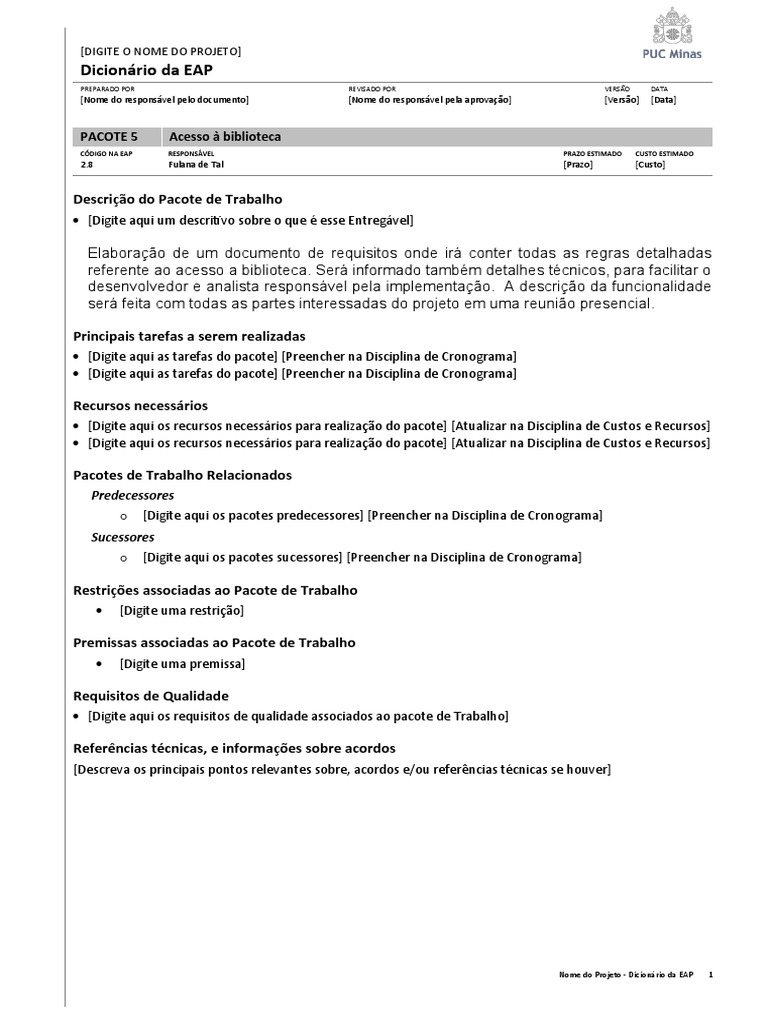 Dicionário da EAP: Pacotes de Trabalho | PDF | Tecnologia da Informação ...
