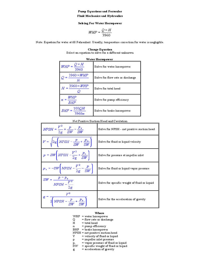 Pump Equations and Formulas Calculator | PDF