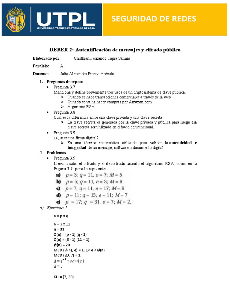 Autenticación de mensajes y cifrado público: Aplicación del algoritmo RSA y Diffie-Hellman | PDF ...