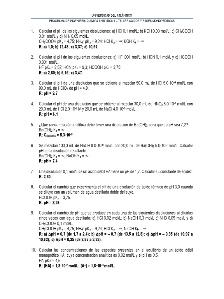 Guía Ácidos y Bases Monoproticos | PDF Guía Ácidos y Bases Monoproticos | PDF