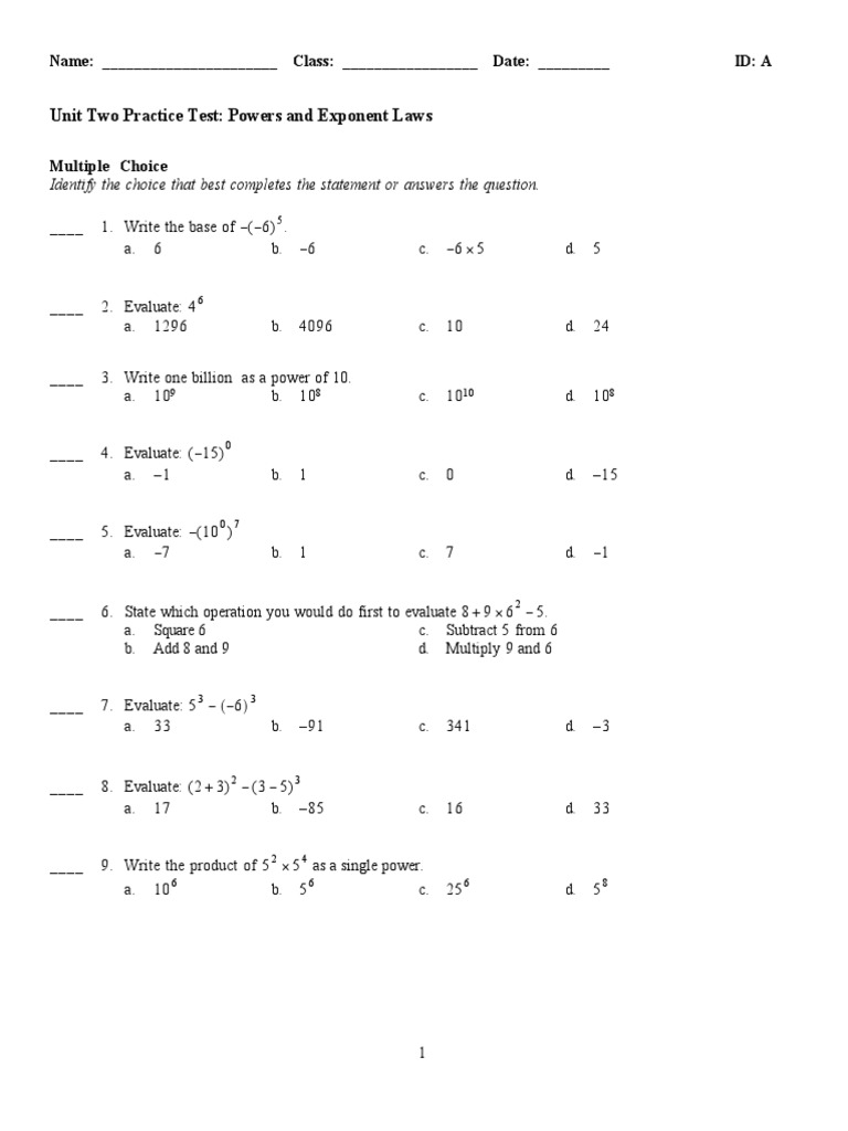 Unit Two Practice Test: Powers and Exponent Laws | PDF | Teaching ...