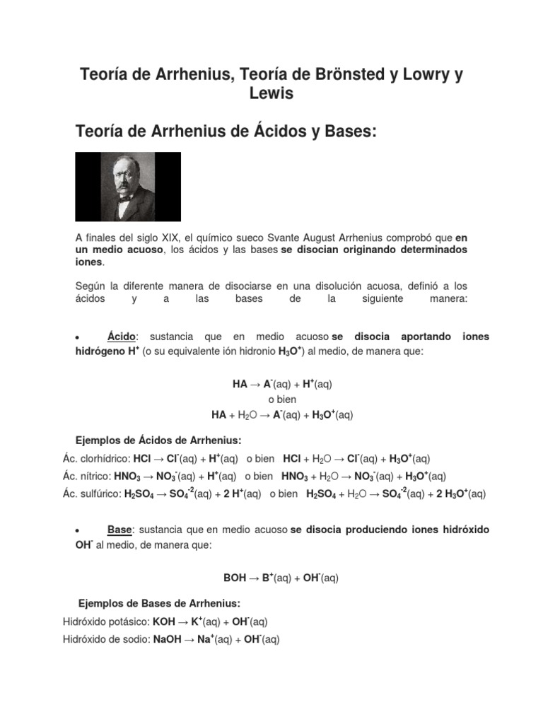 Teoría de Arrhenius, Teoría de Brönsted y Lowry y Lewis PDF | PDF ...