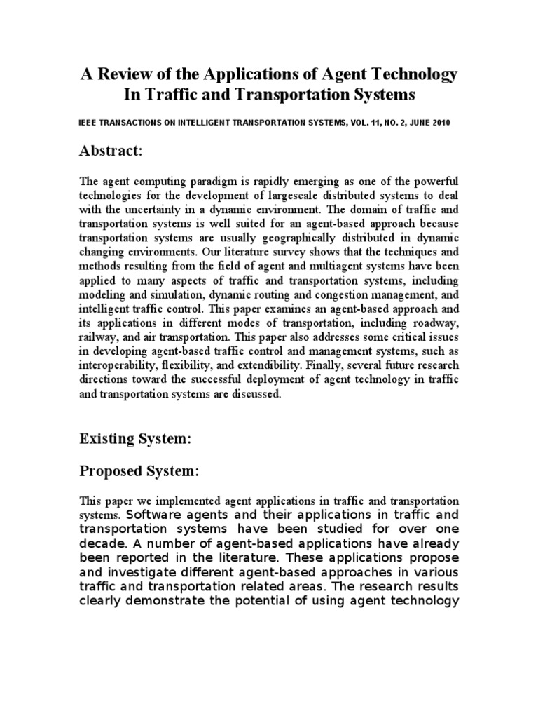 A Review of The Applications of Agent Technology in Traffic and Transportation Systems | PDF ...