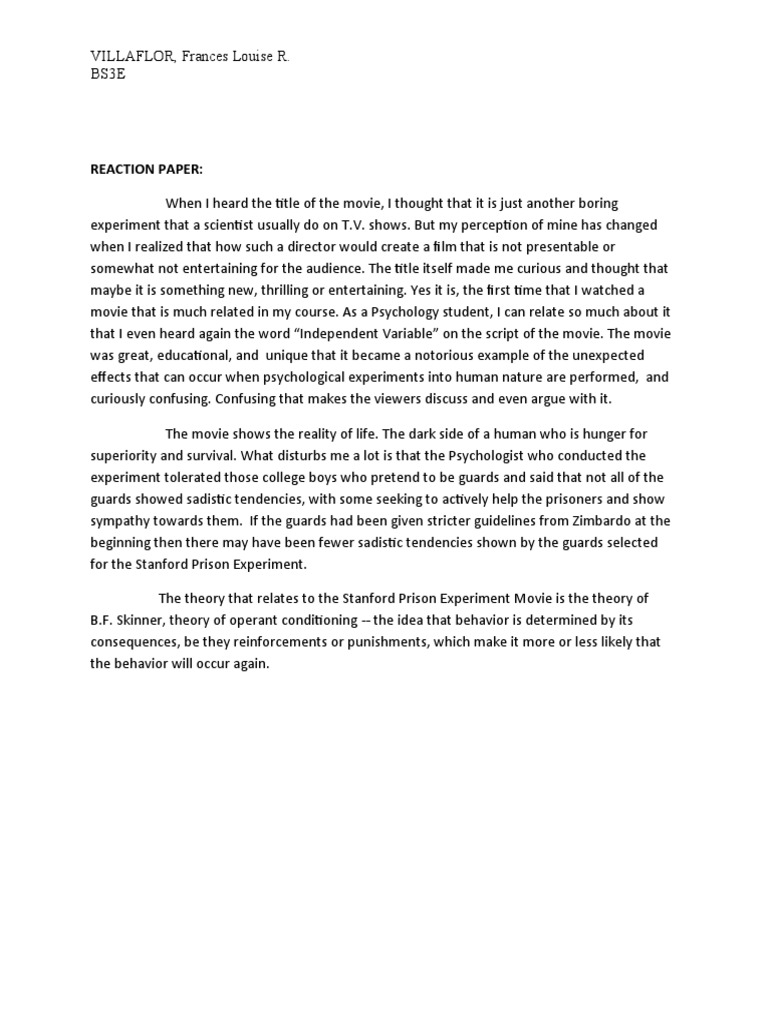 Stanford Prison Experiment Movie (Reflection Paper) | PDF | Psychology ...