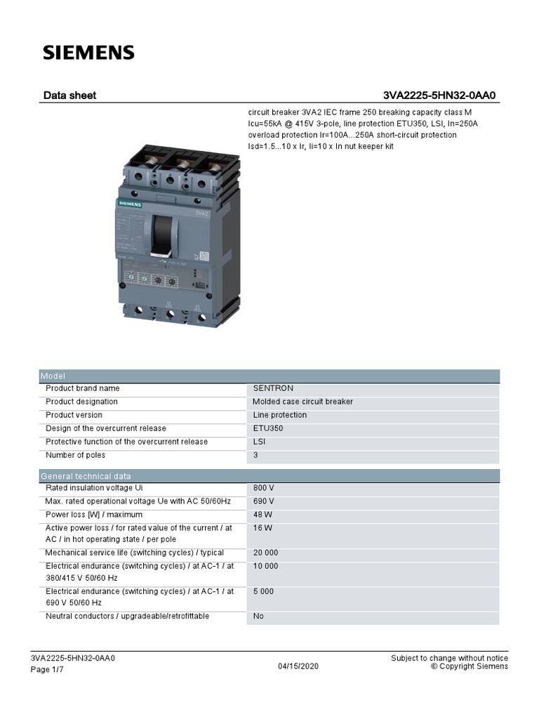 Data Sheet 3VA2225-5HN32-0AA0: Model | Download Free PDF | Alternating Current | Electrical ...
