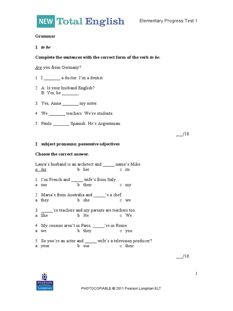 Grammar 1 To Be Complete The Sentences With The Correct Form of The ...