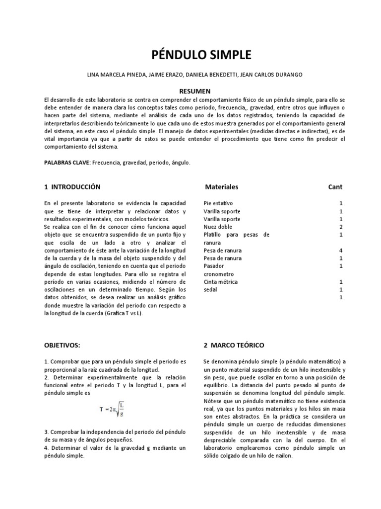 Laboratorio N°2 (Pendulo Simple) | PDF | Péndulo | Oscilación