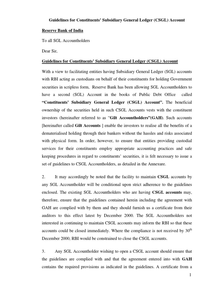 RBI - CSGL Guidelines | PDF | Gilt Edged Securities | Securities (Finance)