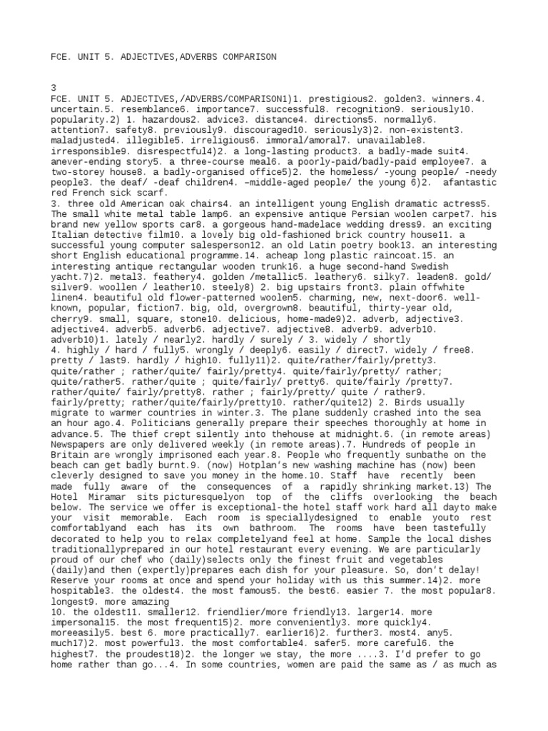 Fce. Unit 5. Adjectives, Adverbs Comparison | PDF