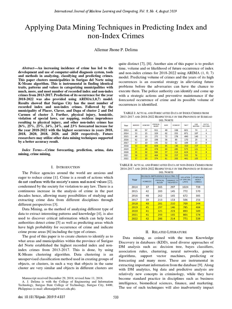 Applying Data Mining Techniques in Predicting Index and Non-Index Crimes | PDF | Cluster ...