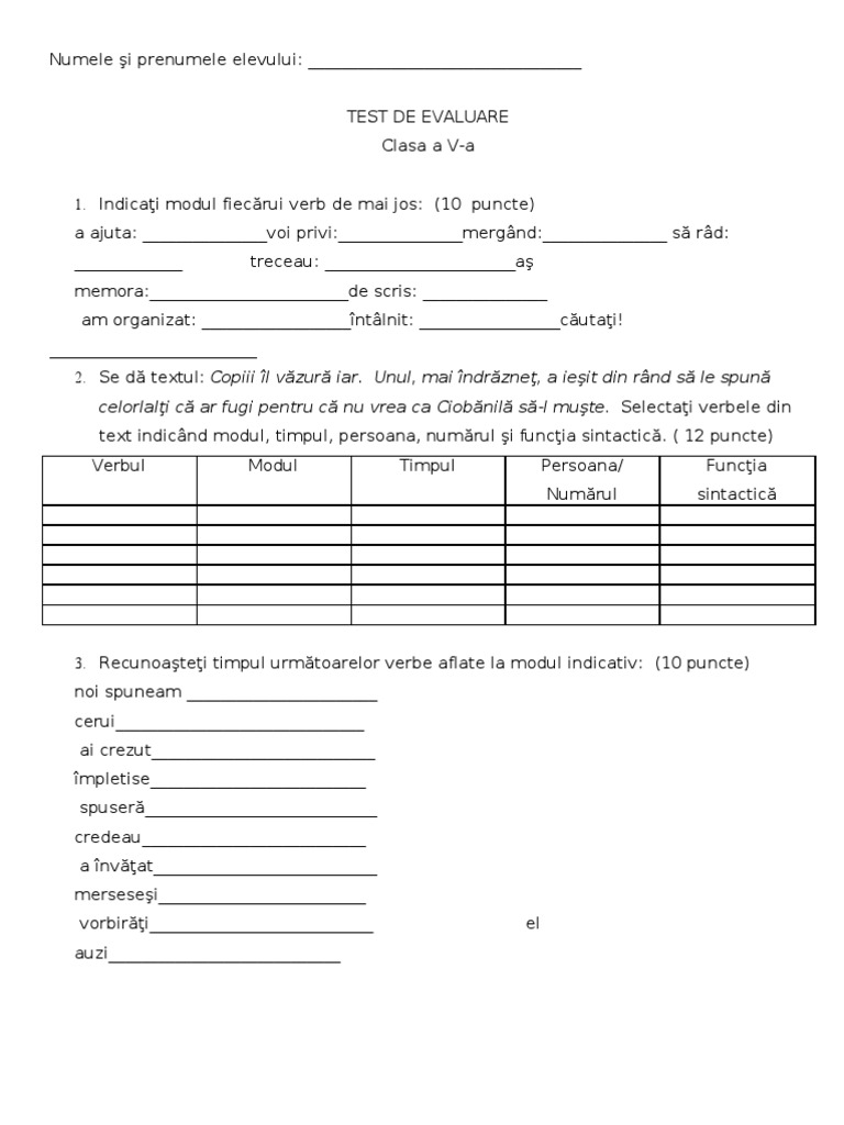 Test de Evaluare Verbul Clasa A Va | PDF