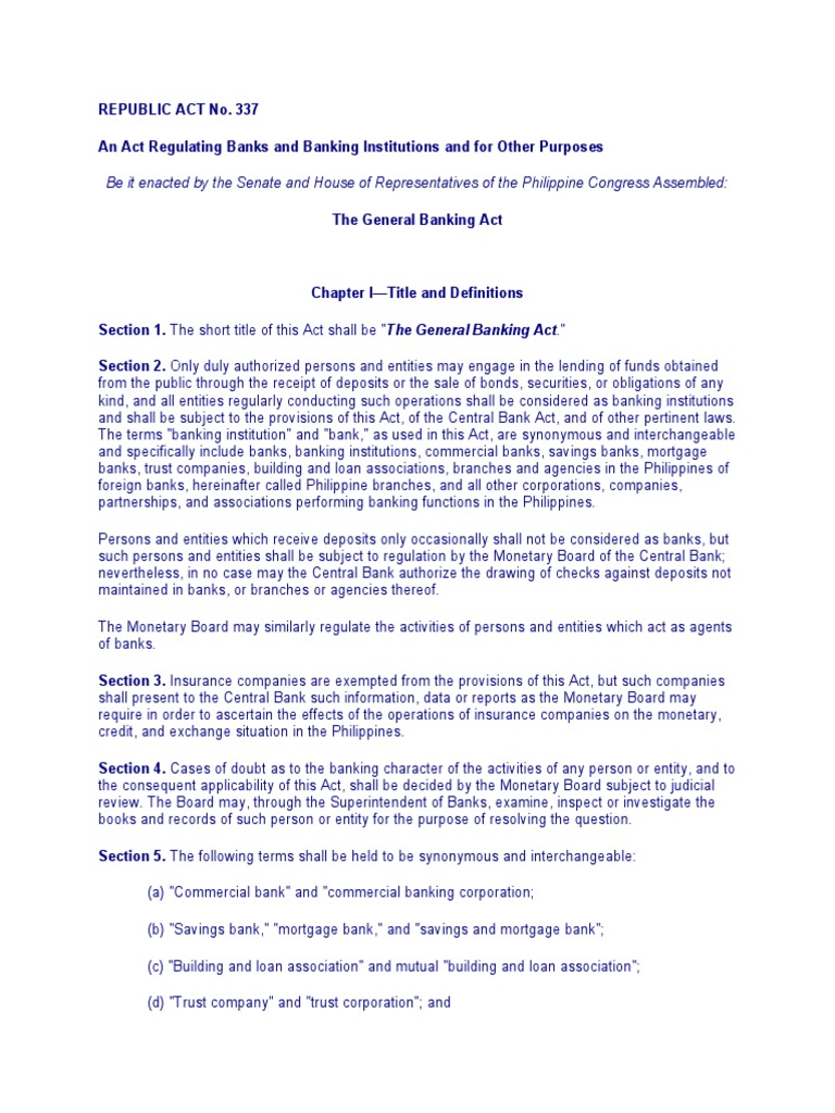 General Banking Act | PDF | Loans | Savings And Loan Association
