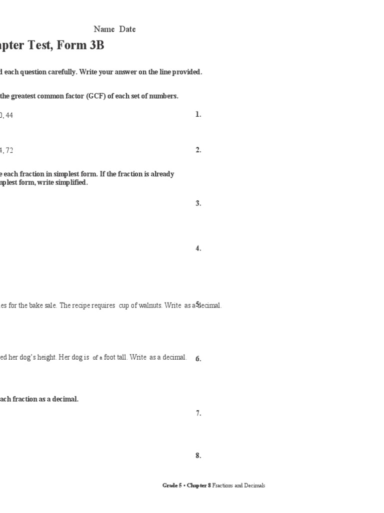 Chapter Test, Form 3B: Name Date | PDF | Fraction (Mathematics ...