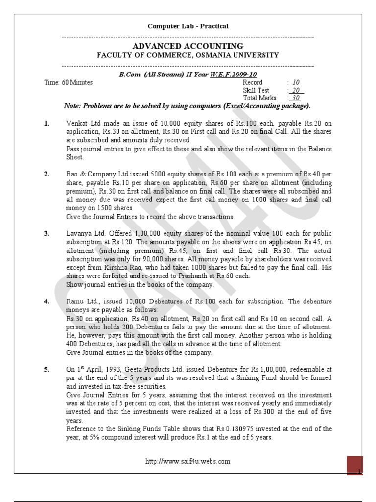 Advanced Accounting: Computer Lab - Practical | PDF | Debits And ...