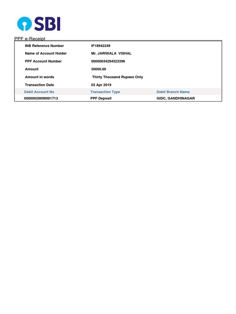 PPF E-Receipt: Debit Account No Transaction Type Debit Branch Name | PDF