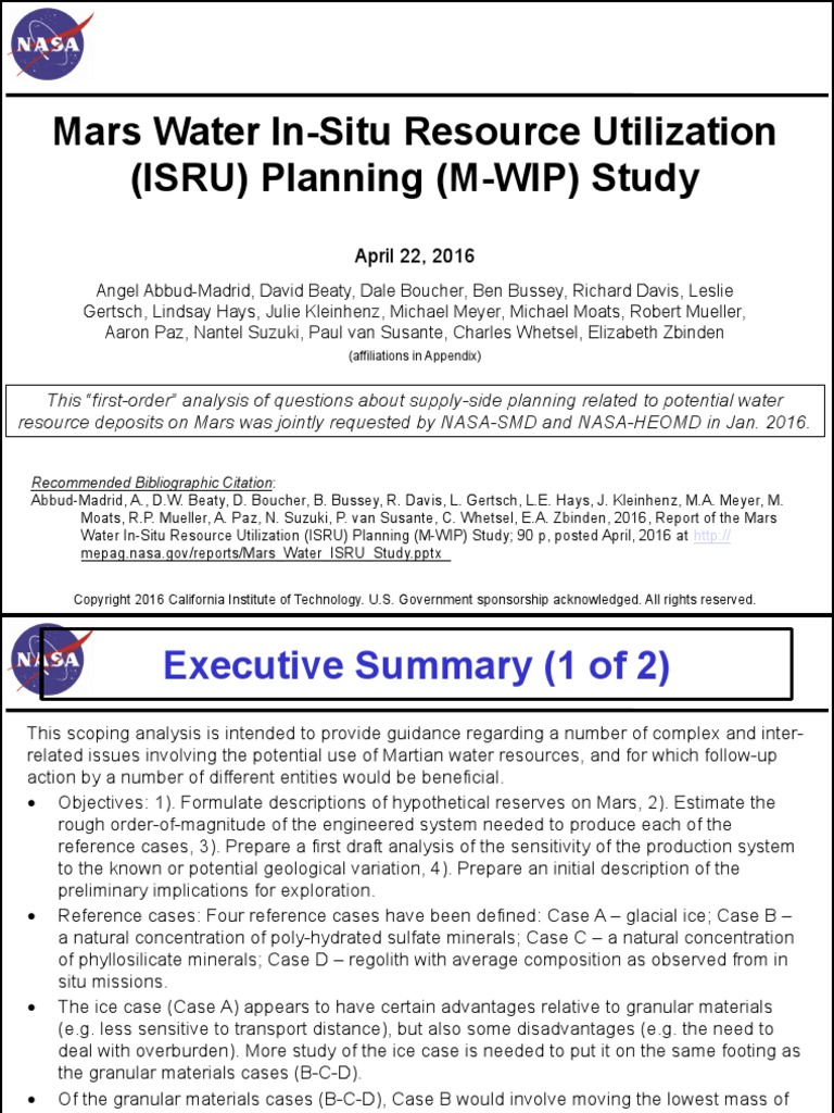 Mars Water In-Situ Resource Utilization (ISRU) Planning (M-WIP) Study ...