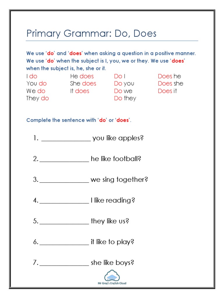 Do vs. Does: Grammar for Kids | PDF | Wellness