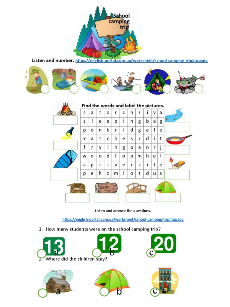 School Camping Trip Worksheet Activities | PDF
