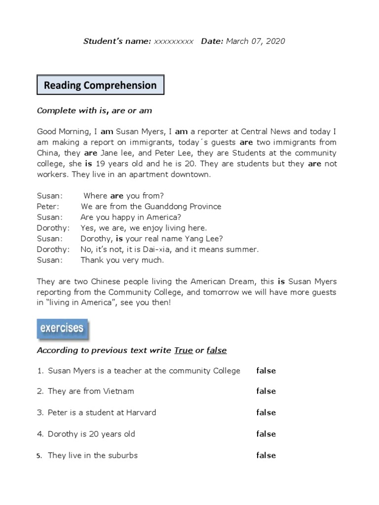 Reading Comprehension Verb To Be. (ACTIVIDAD #3) | PDF
