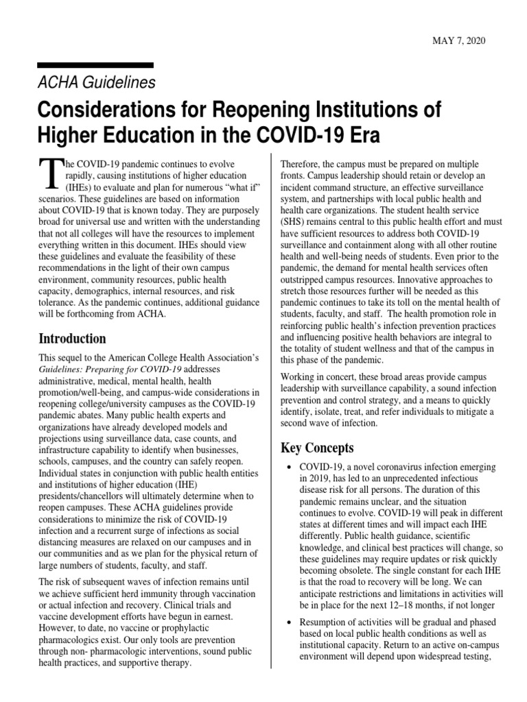 Considerations For Reopening Institutions of Higher Education in The ...