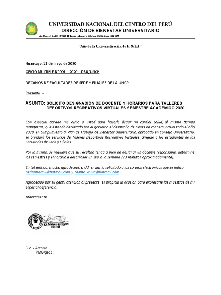 Oficio Deporte para Enviar A Decanos | PDF