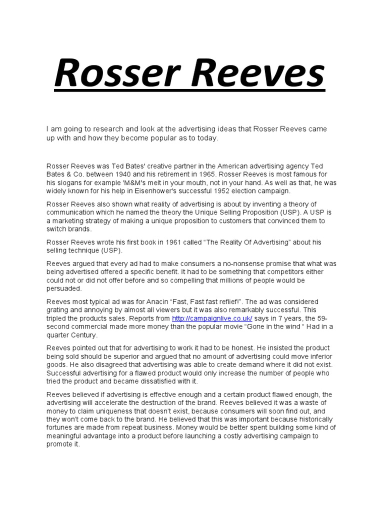Rosser Reeves | PDF | Promotion And Marketing Communications ...