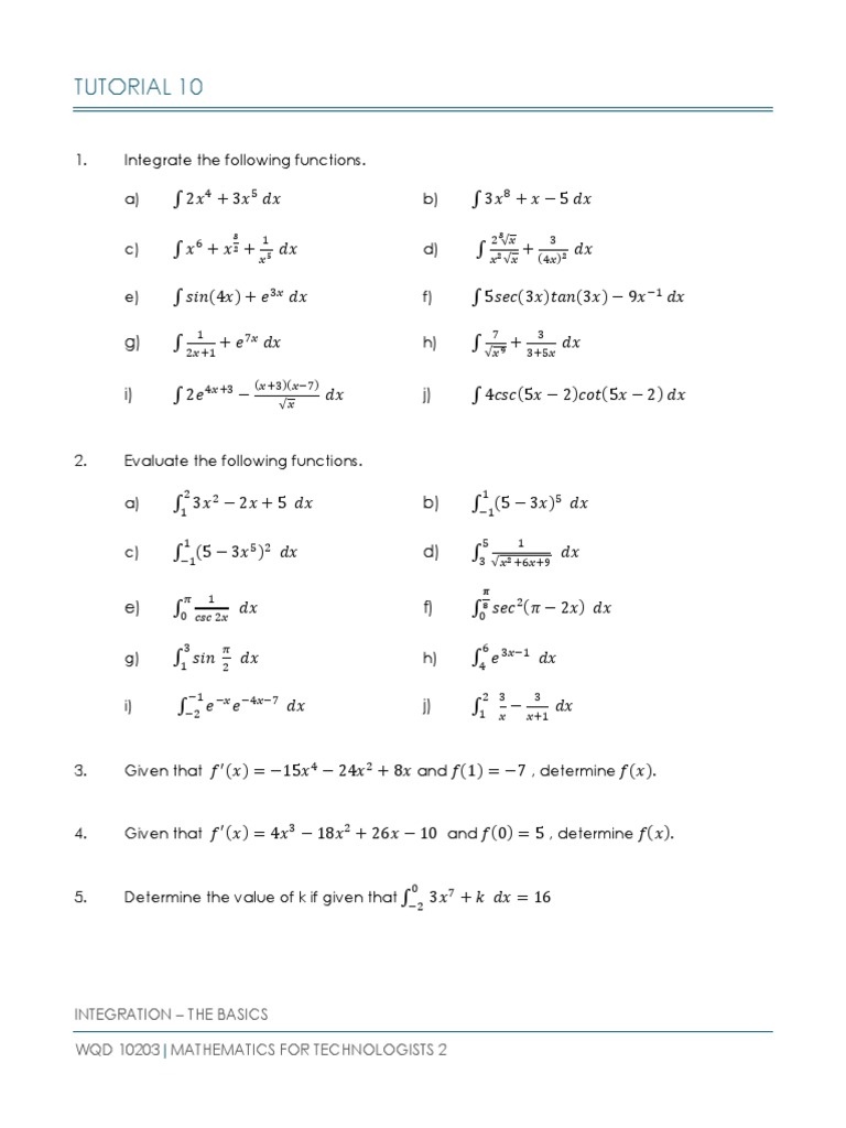 Tutorial 10: 1. Integrate The Following Functions. A) B) C) D) E) F) H) | PDF | Mathematical ...