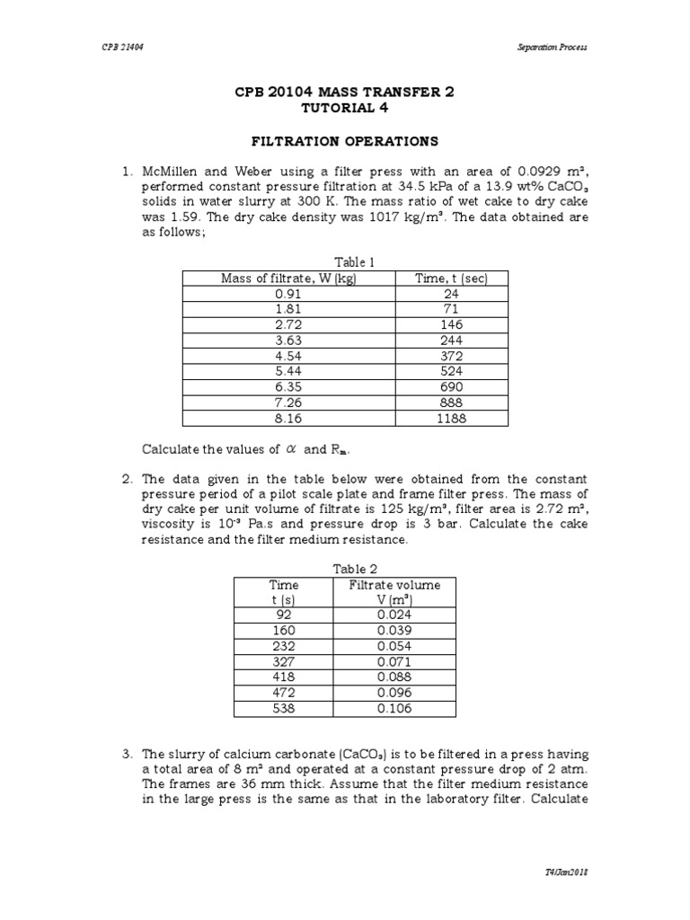 Tutorial 4 - Filtration | PDF | Filtration | Chemical Engineering