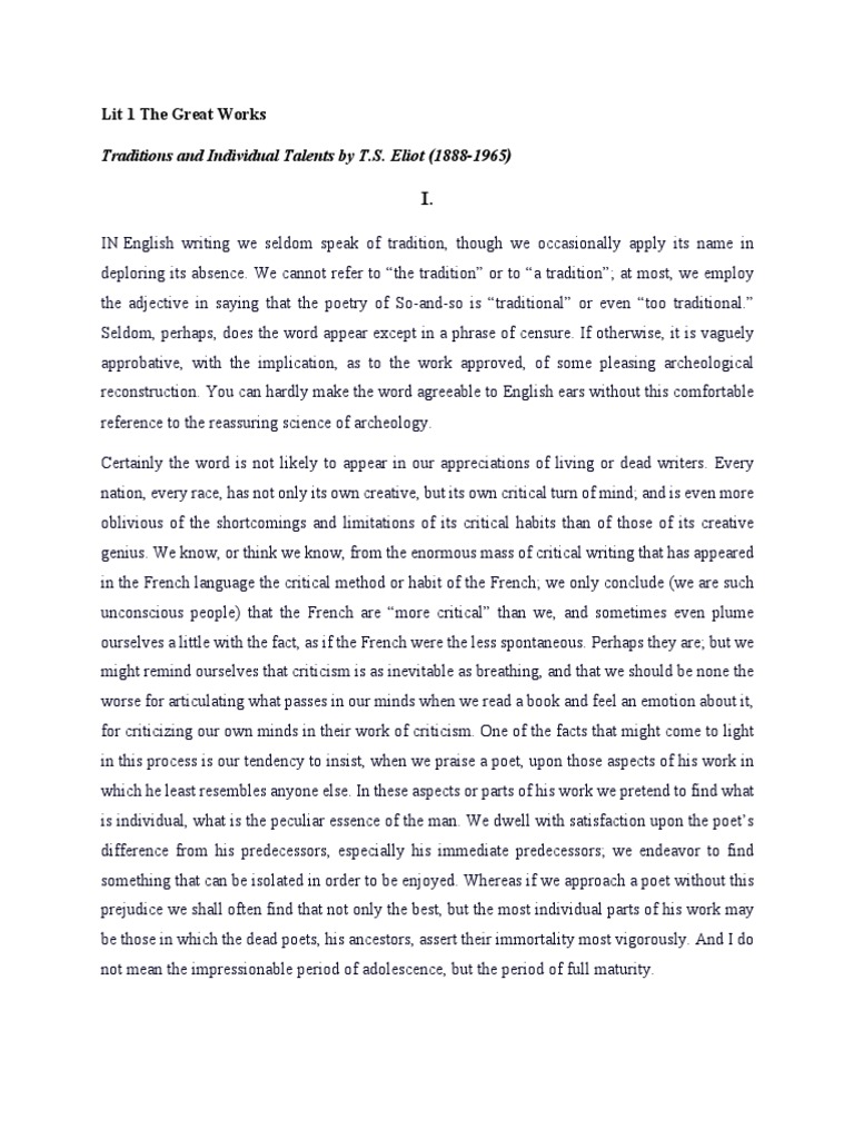 Tradition and Individual Talent Explained | PDF | Cognitive Science ...