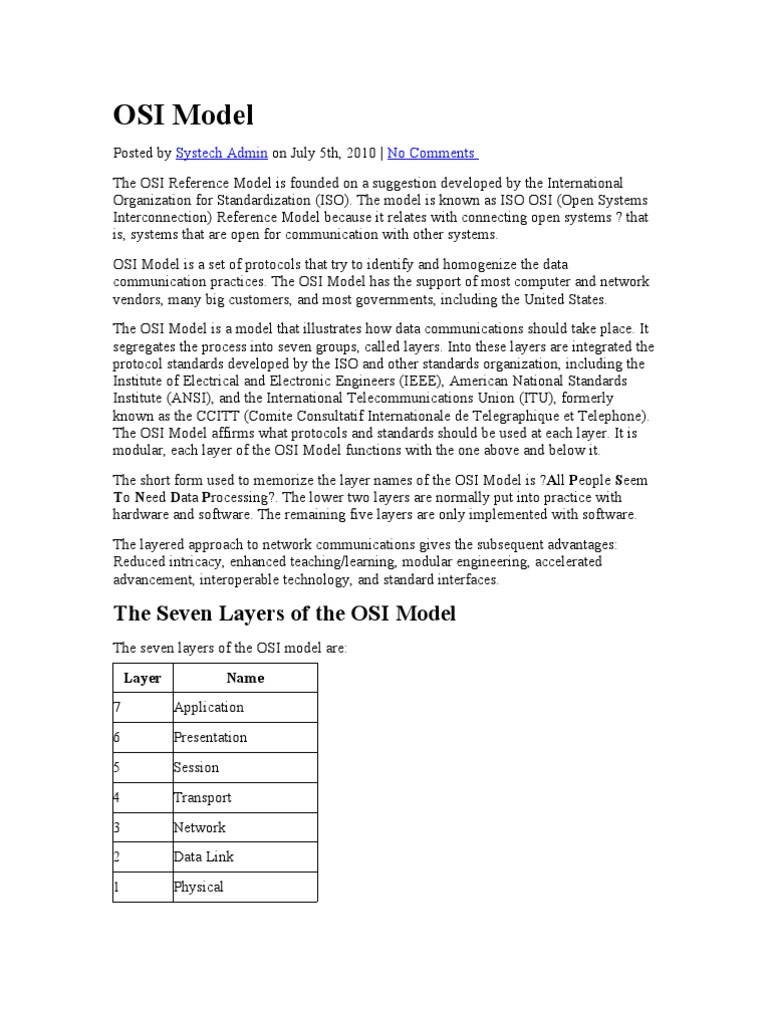 The Seven Layers of The OSI Model | PDF | Osi Model | Internet Protocol ...