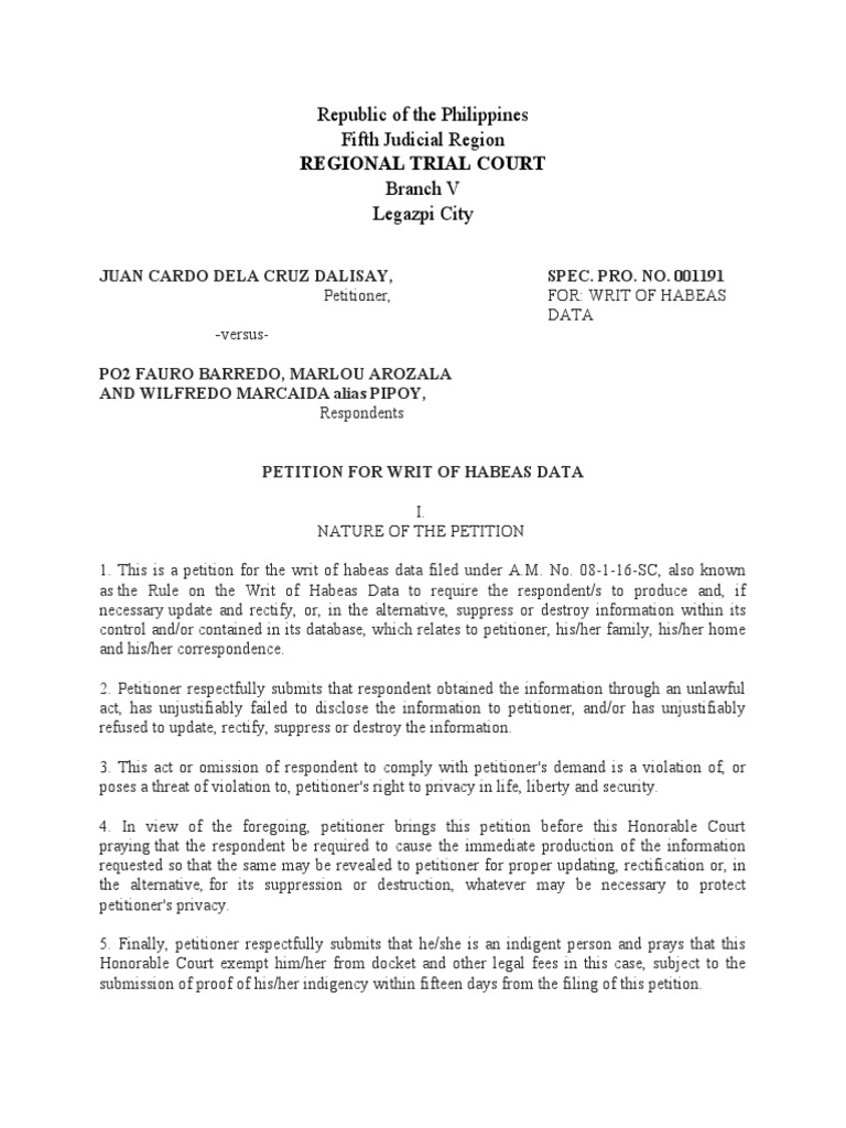 Sample WRIT OF HABEAS DATA | PDF | Privacy | Government Sample WRIT OF HABEAS DATA | PDF | Privacy | Government
