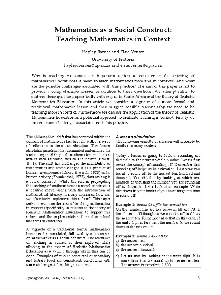 Mathematics As A Social Construct: Teaching Mathematics in Context ...