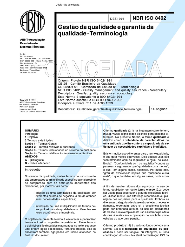 NBR ISO 8402 - Gestao Da Qualidade - Norma Cancelada PDF | PDF ...