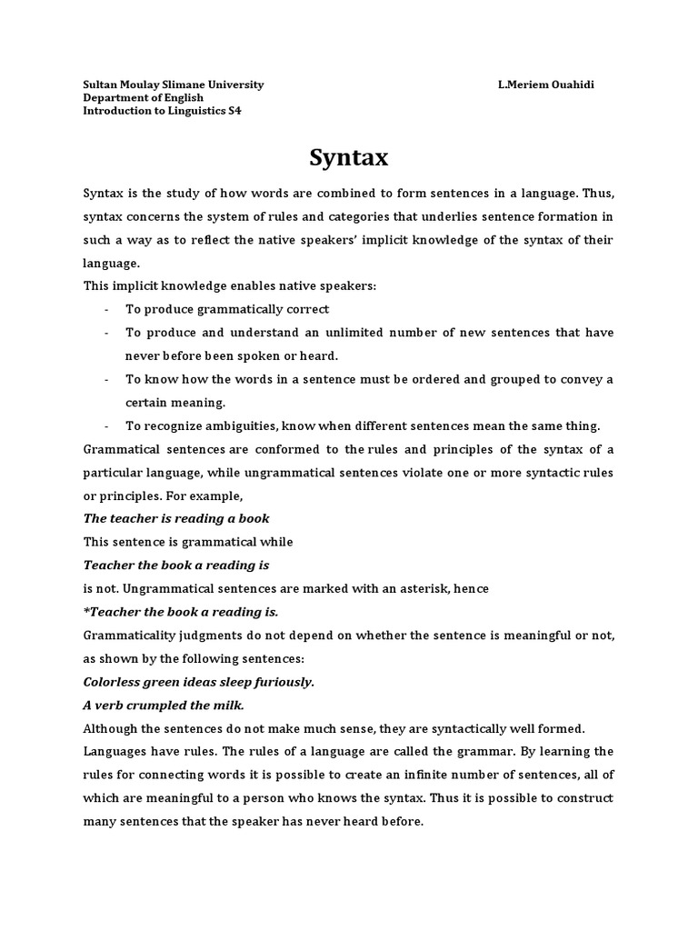 Syntax: Sultan Moulay Slimane University L.Meriem Ouahidi Department of ...