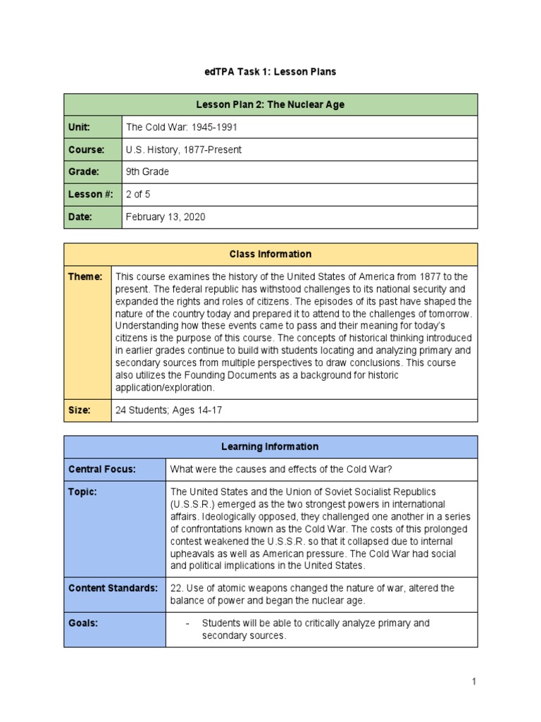 Edtpa Lesson 2 The Nuclear Age | PDF | Cold War | Nato