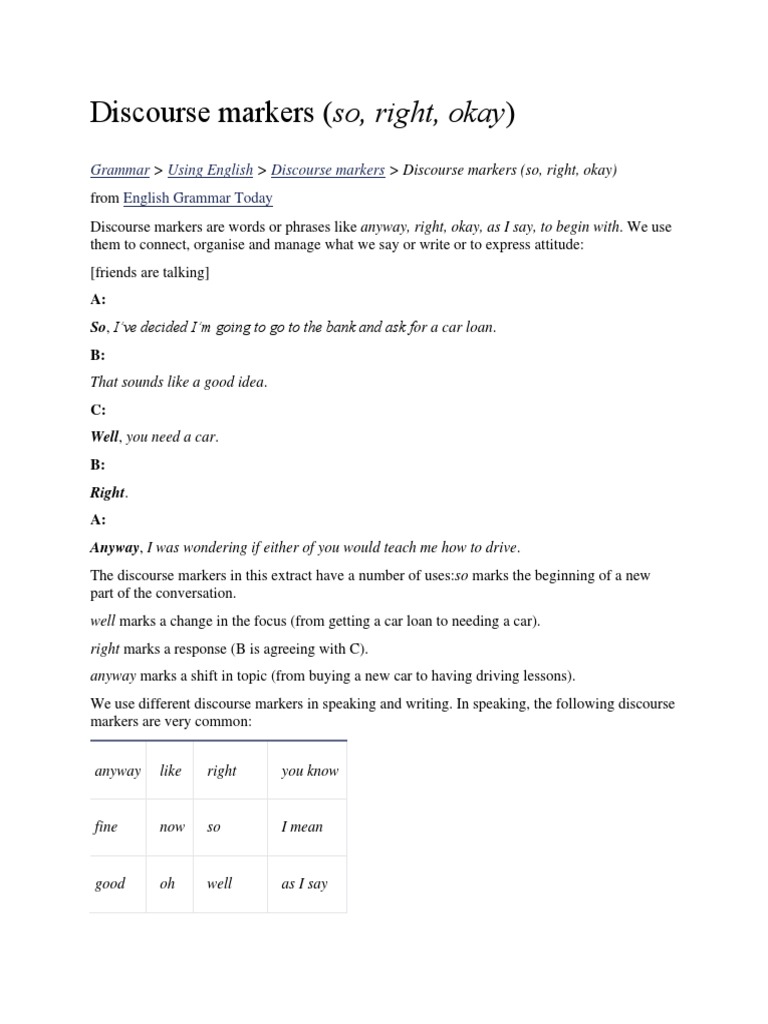Discourse Markers (So, Right, Okay) : English Grammar Today | PDF ...