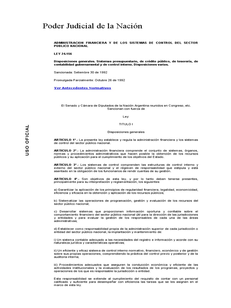 Ley 24.156 Administracion Financiera y de Los Sistemas de Control Del ...