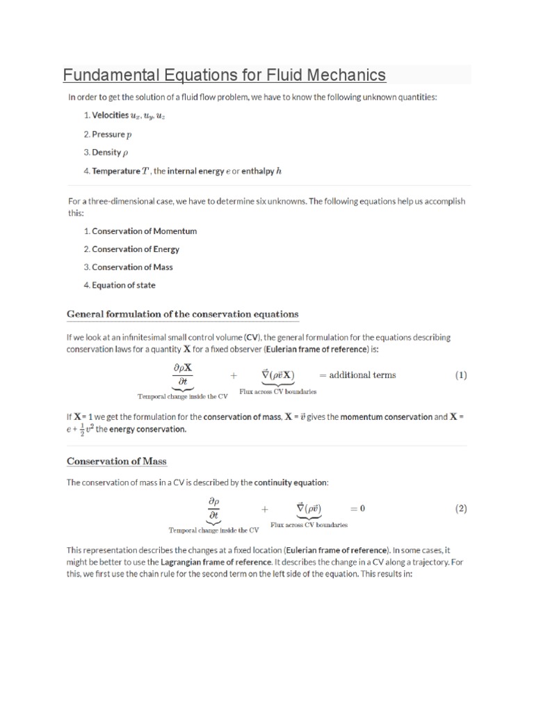 Fundamental Equations For Fluid Mechanics - 1 | PDF