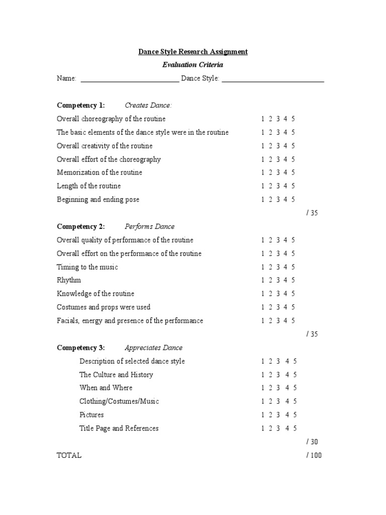 Dance Style Research Assignment Evaluation Criteria | PDF