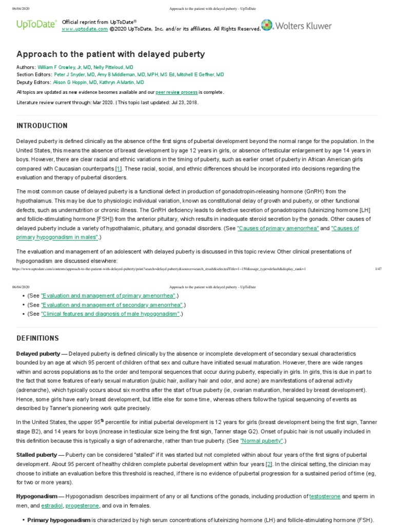 Approach To The Patient With Delayed Puberty Uptodate Pdf Pdf