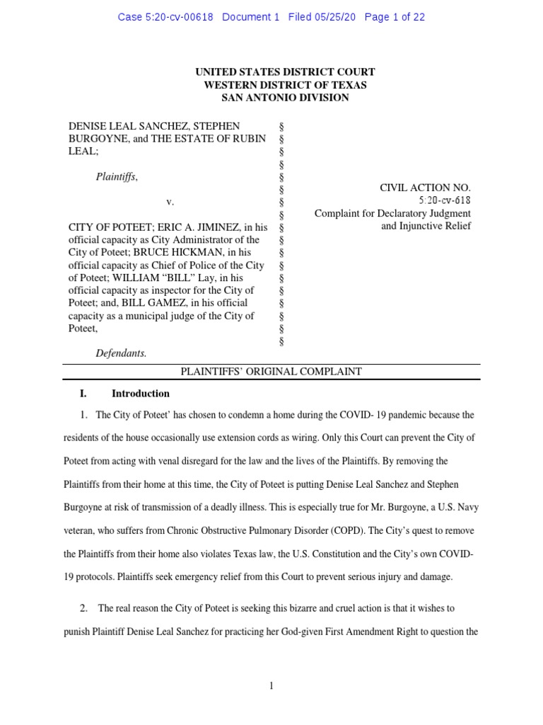 Sanchez V City of Poteet - Original Complaint | PDF | Lawsuit | Res ...